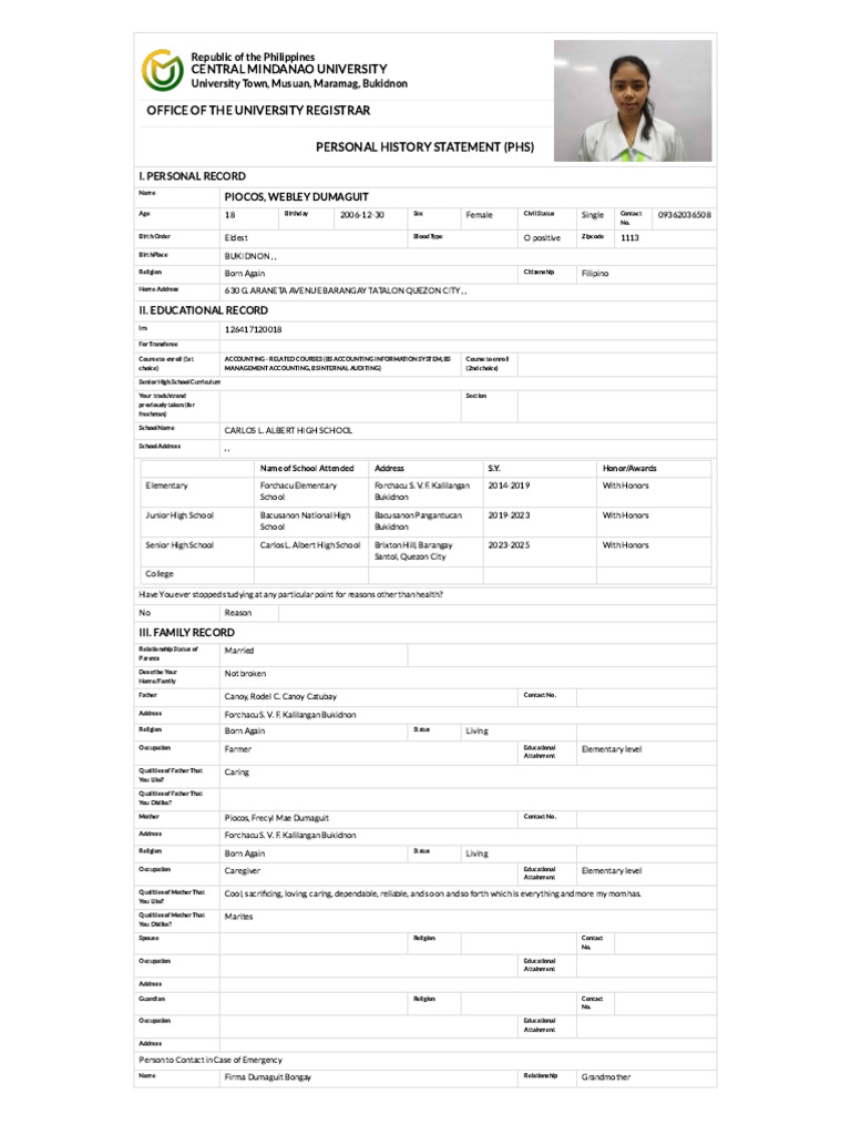 Personal History Statement | PDF
