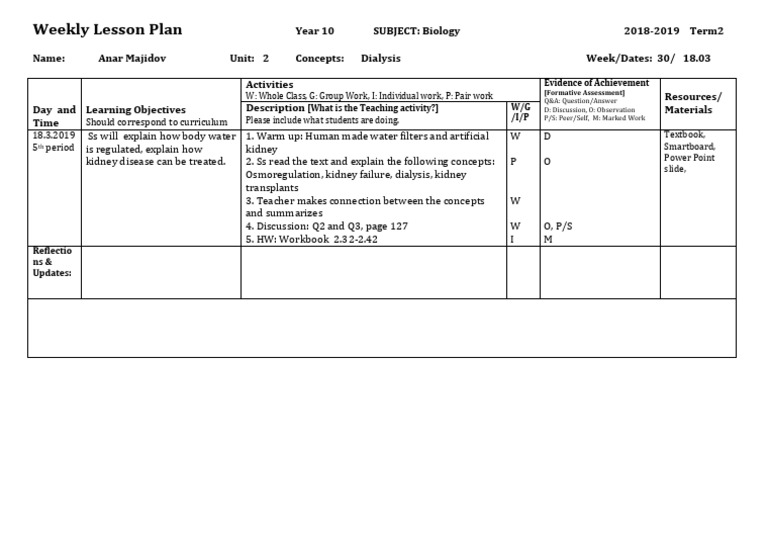 Year 10 Biology Lesson Plan: Dialysis | PDF