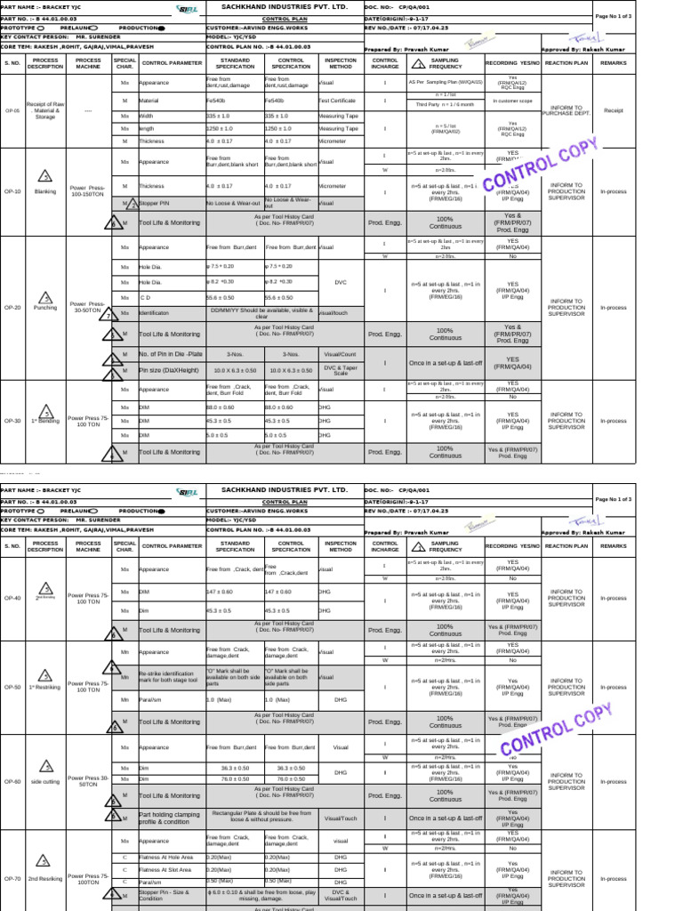 Control Plan for Bracket YJC Production | PDF