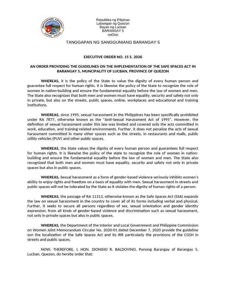 Safe Spaces Act Guidelines for Barangay 5 | PDF | Sexual Harassment ...
