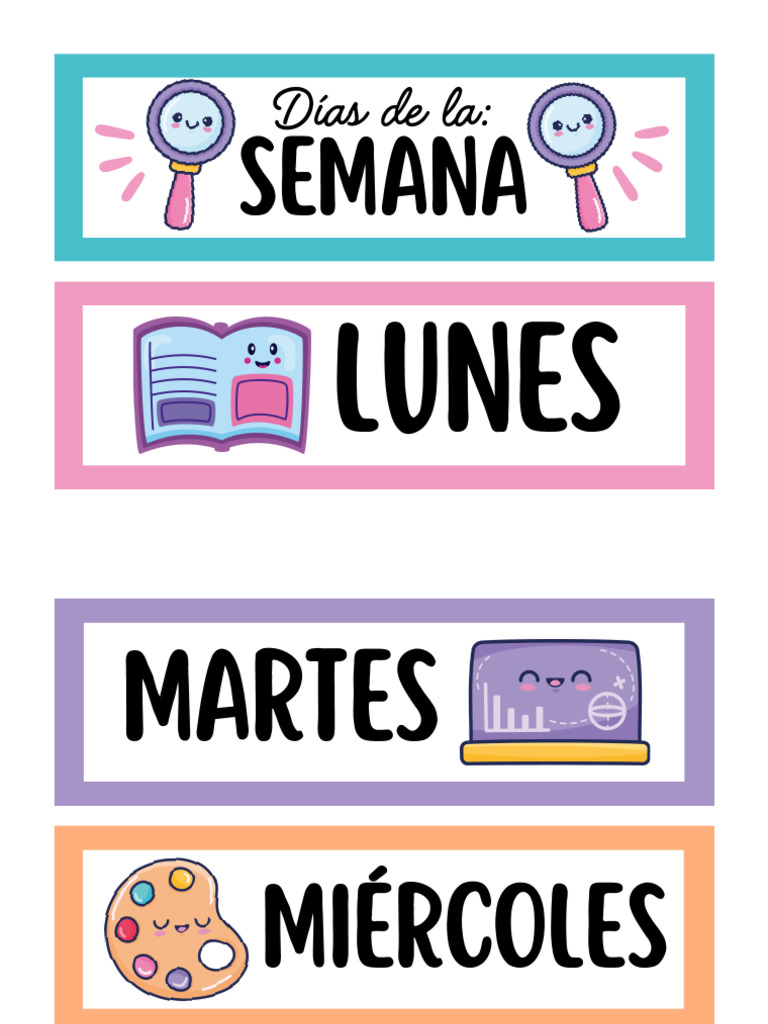 Tarjetas de Educativas Días de La Semana Ilustrado Colorido | PDF