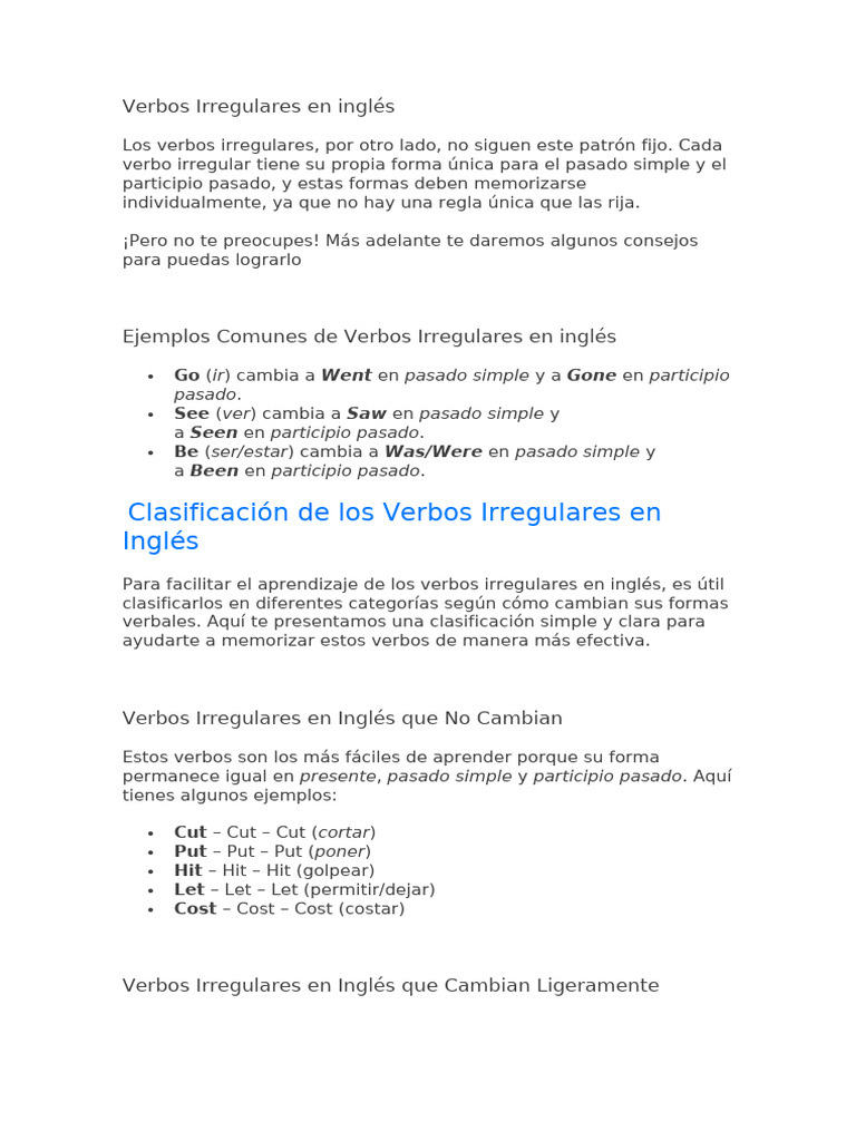 Verbos Irregulares en Inglés: Guía Completa | PDF | Verbo | Morfología ...