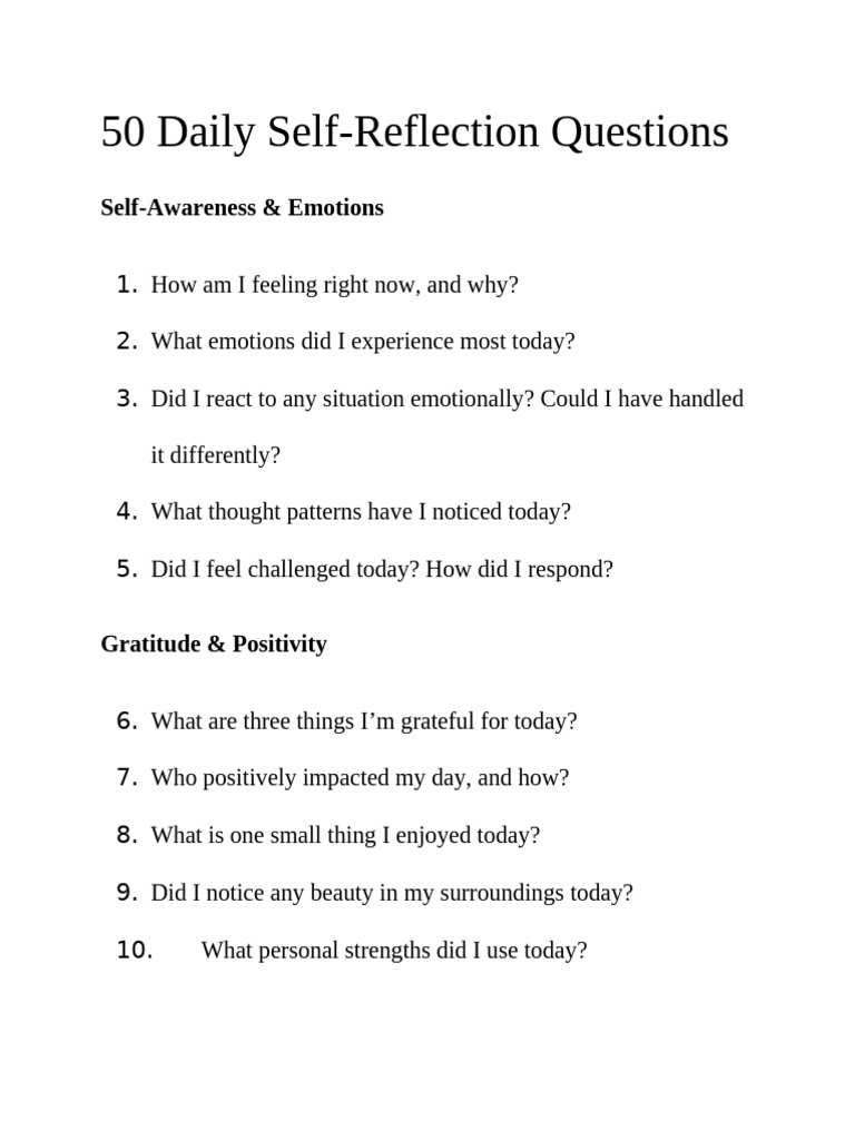 Self-Reflection Questionnaire - 60 Journaling Questions | PDF ...