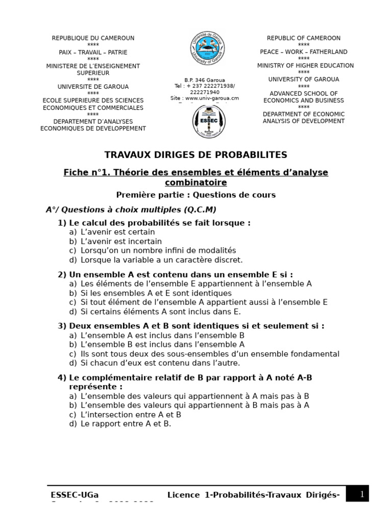 Travaux Dirigés : Probabilités et Ensembles | PDF | Loi de probabilité ...