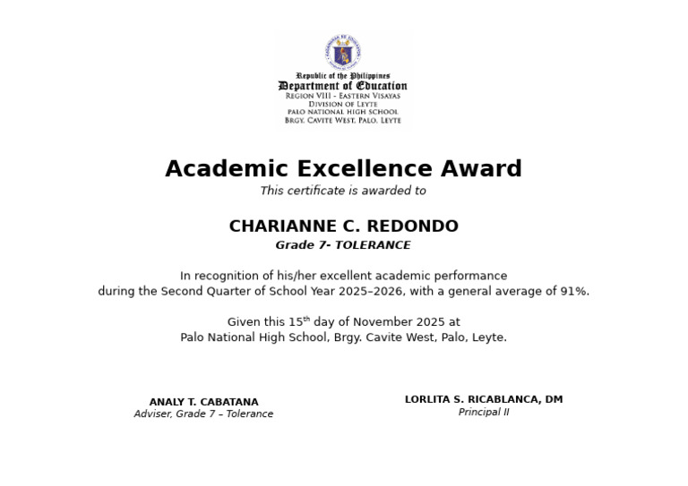 Academic Excellence Award Size A4 Bond Paper | PDF