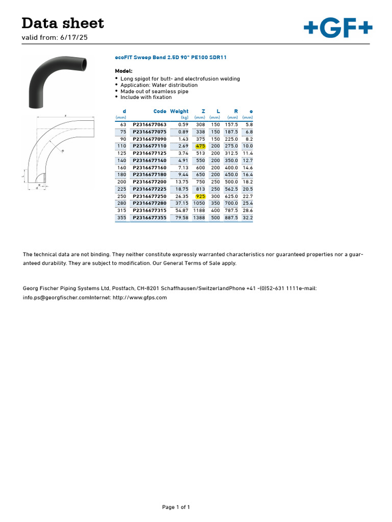 ecoFIT Sweep Bend 90° PE100 Data Sheet | PDF