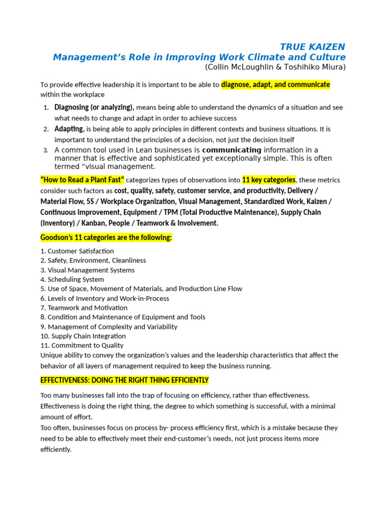 Summery on TRUE KAIZEN-Management’s Role in Improving Work Climate and ...