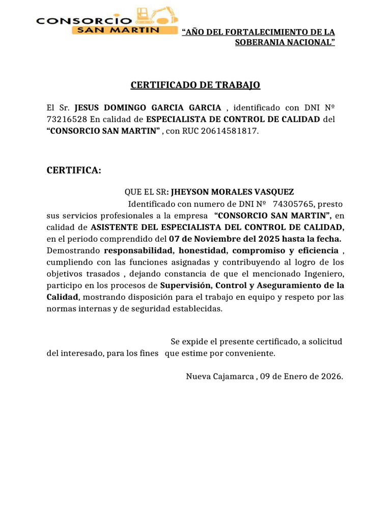 Certificado de Trabajo Ing, Jheyson | PDF