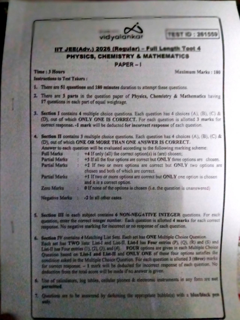 Test Paper On IIT JEE Advanced Full Length Test 4 Paper 1 | PDF | Force ...