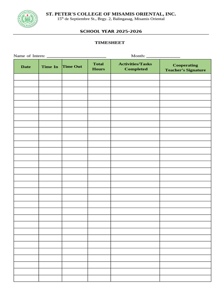 St. Peter's College Intern Timesheet 2025-2026 | PDF