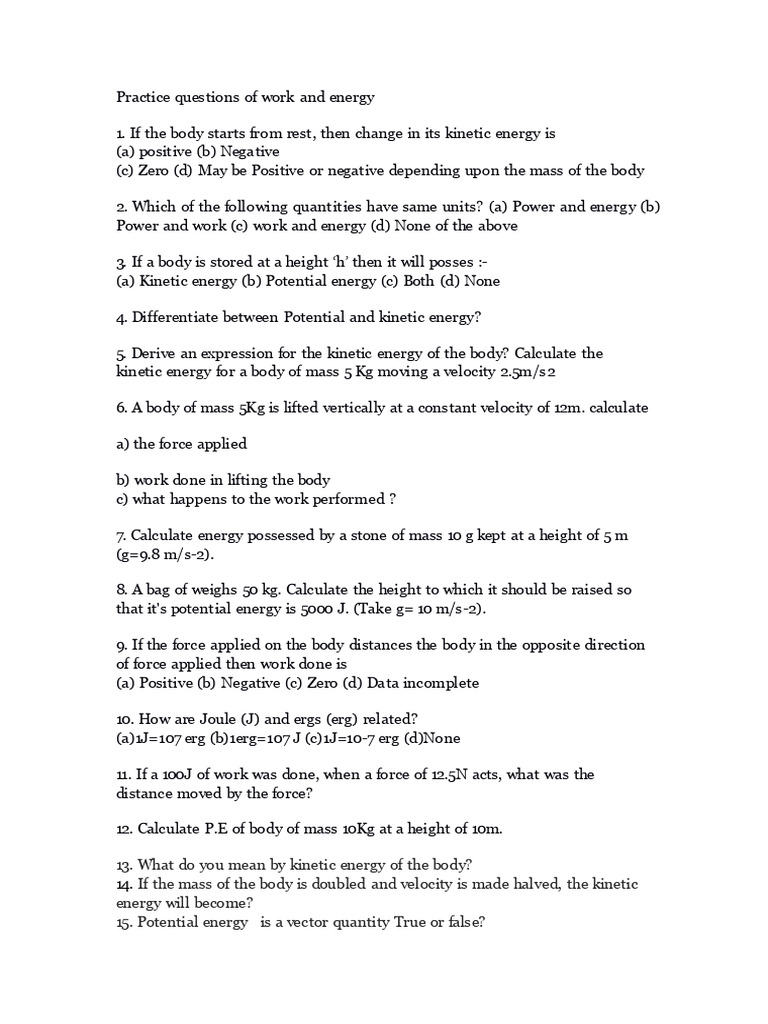 Work and Energy Practice Questions | PDF | Force | Kinetic Energy