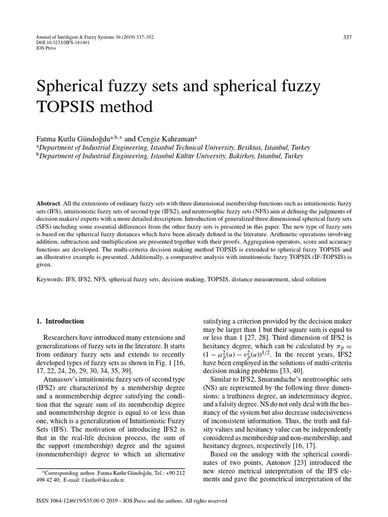 Spherical Fuzzy Sets and TOPSIS Method | PDF | Sphere | Distance