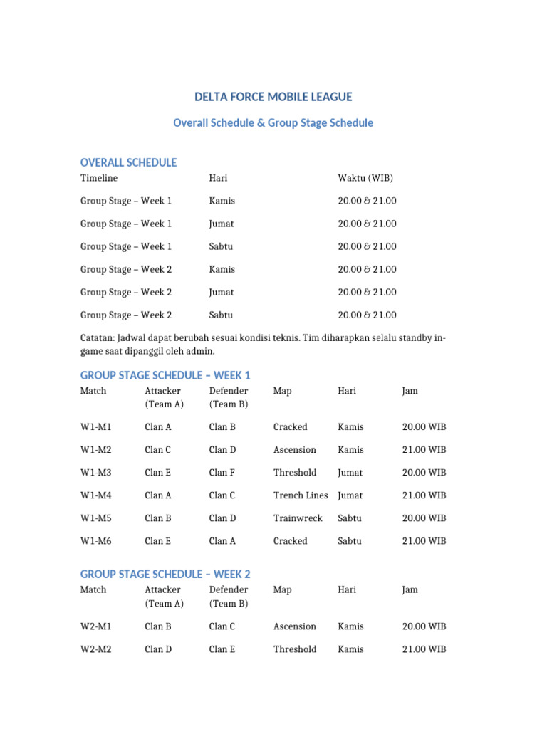Delta Force Mobile League Schedule | PDF