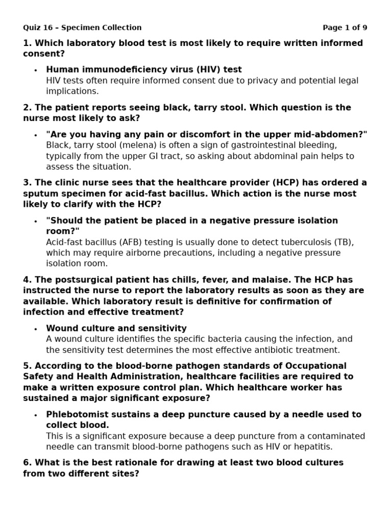 Specimen Collection Quiz for Nurses | PDF | Urinary Tract Infection ...