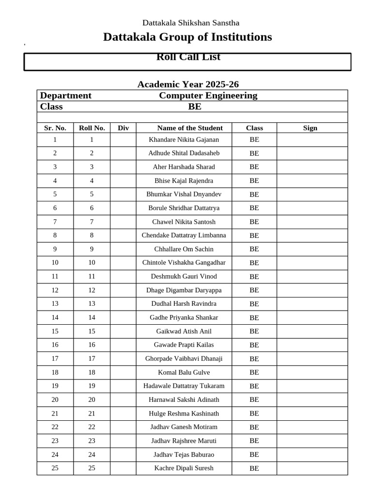 BE Comp Roll Call List | PDF