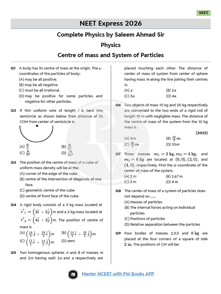 Centre of Mass & System of Particles : Practice Sheet | PDF | Momentum ...