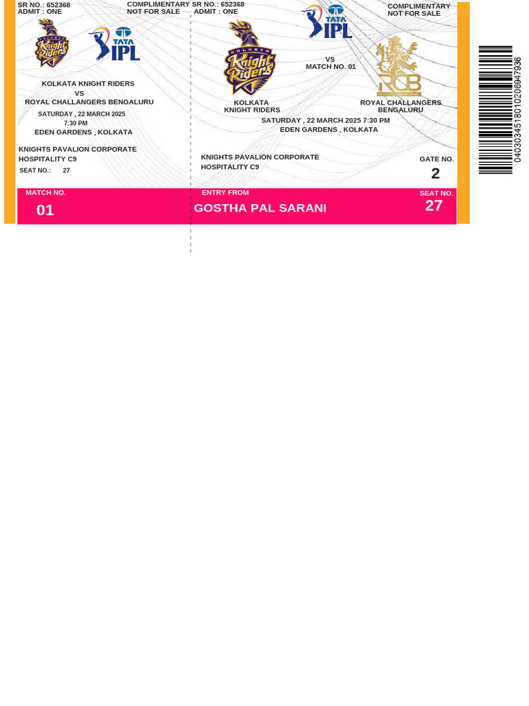 KKR vs RCB Match Ticket - 22 March 2025 | PDF | Cricket | Cricket ...
