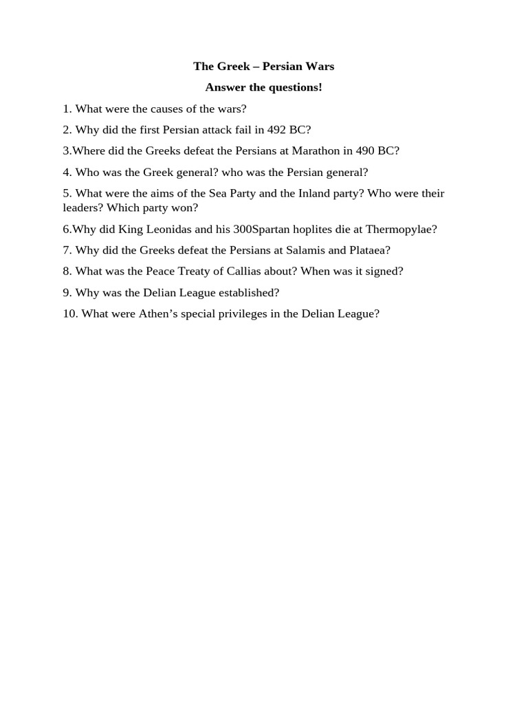 The Greek - Persian Wars Questions | PDF