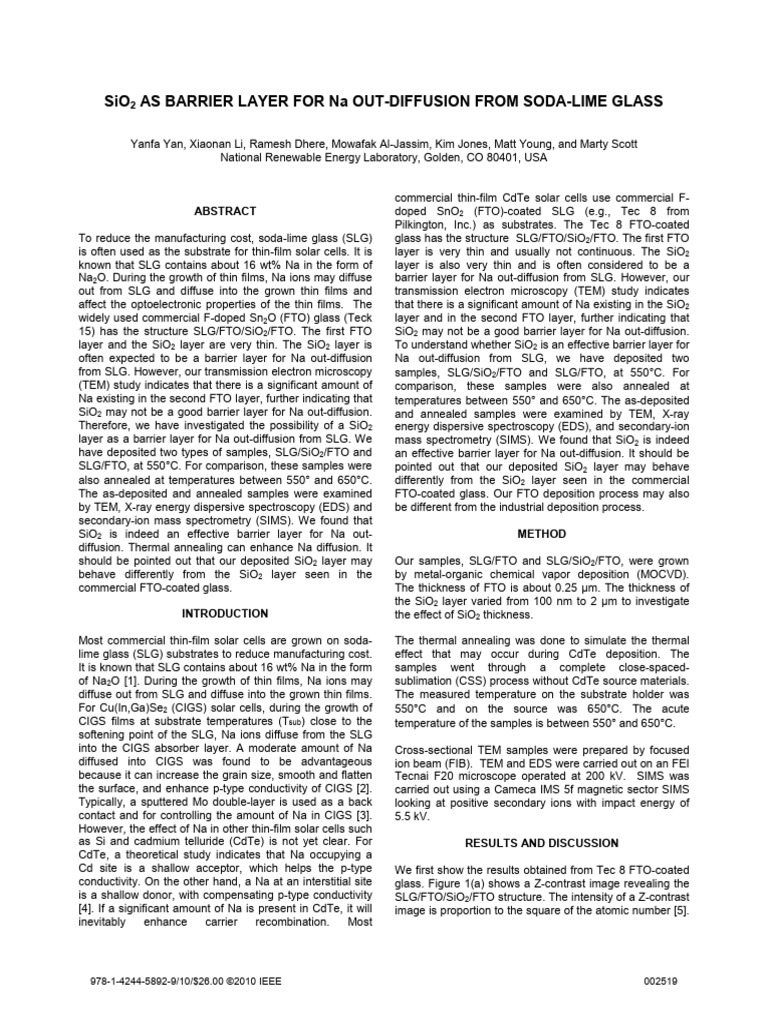 SiO2 As Barrier Layer For Na Out-Diffusion From Soda-Lime Glass | PDF ...
