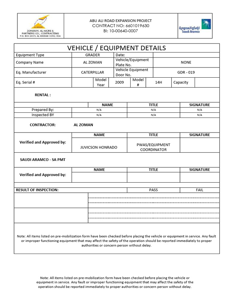 Pre-mobilization Grader (019) Documentation Report - Completed | PDF ...