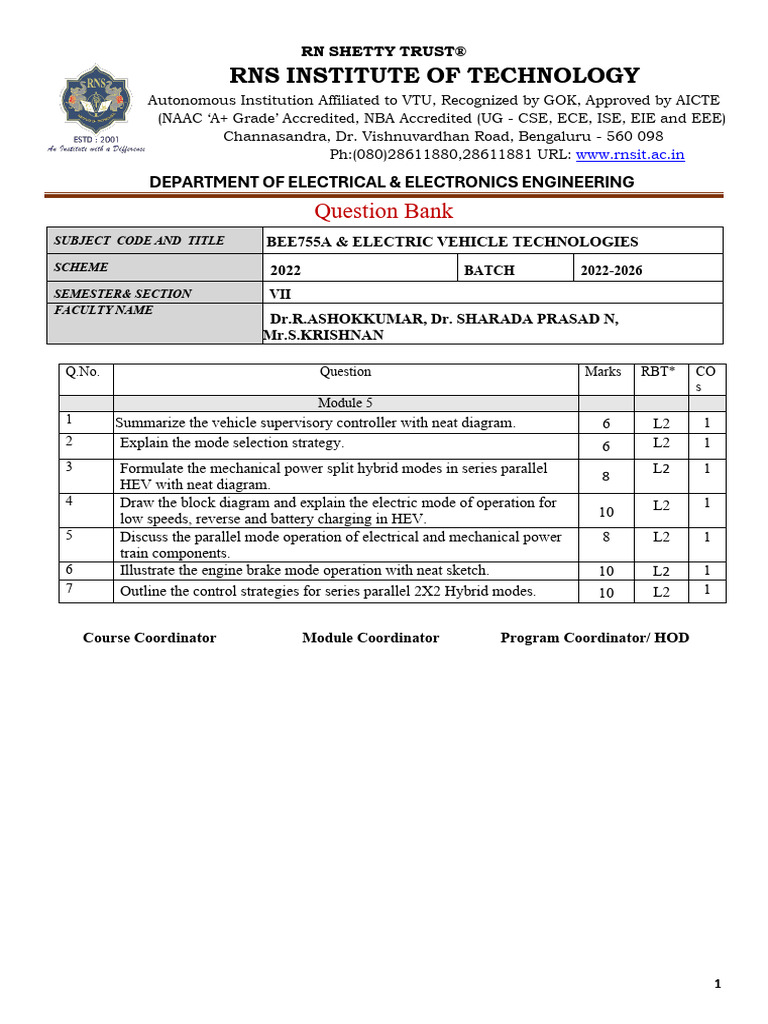 Electric Vehicle Technologies Question Bank | PDF
