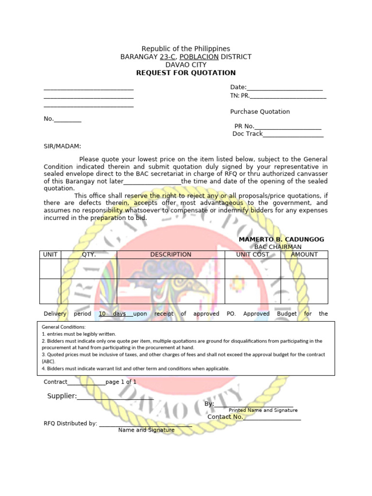 Barangay 23-C Davao City RFQ Template | PDF | Business