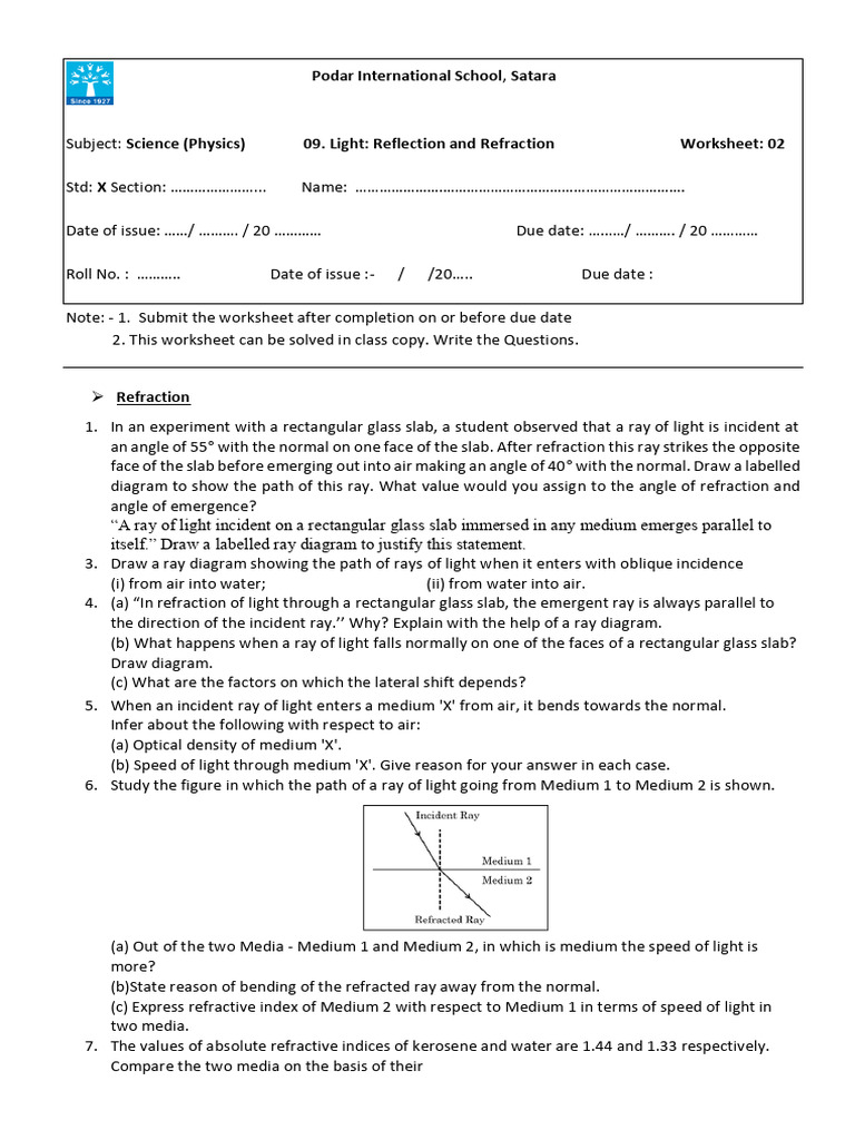 Light Refraction subjective worksheet 1 | PDF | Refractive Index ...