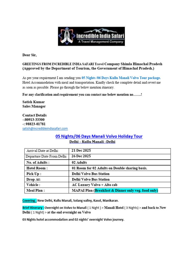 Delhi Kullu Manali Volvo Tour Package | PDF | Hotel