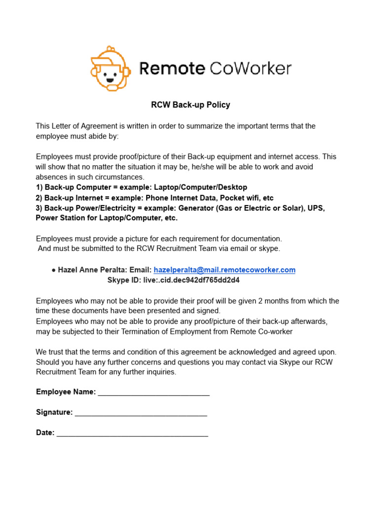 RCW Back-up Policy Agreement Guidelines | PDF