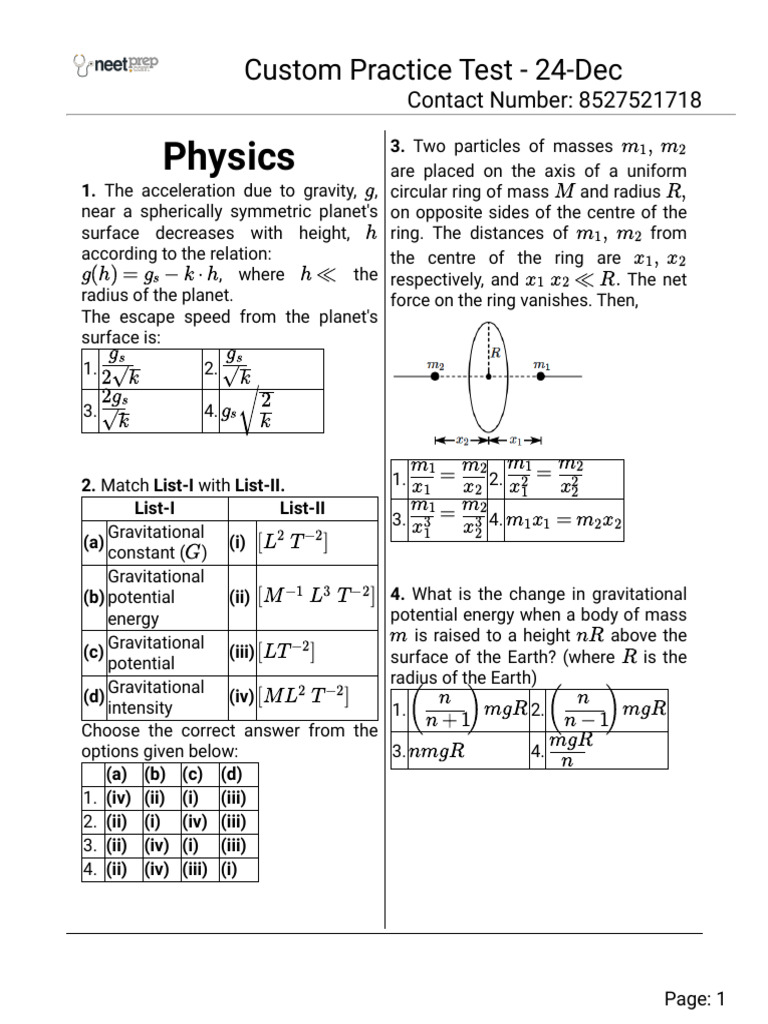 Gravitational Physics Practice Test | PDF | Orbit | Mass