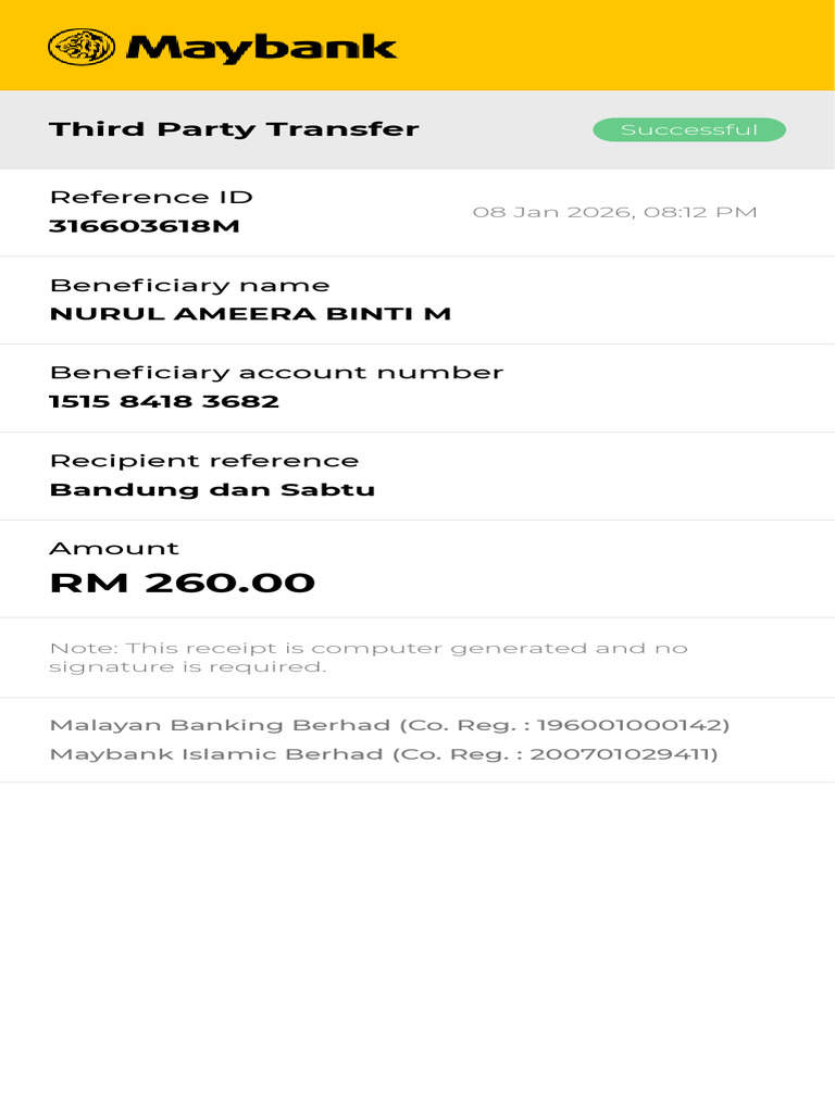 Third Party Transfer Receipt - RM 260.00 | PDF