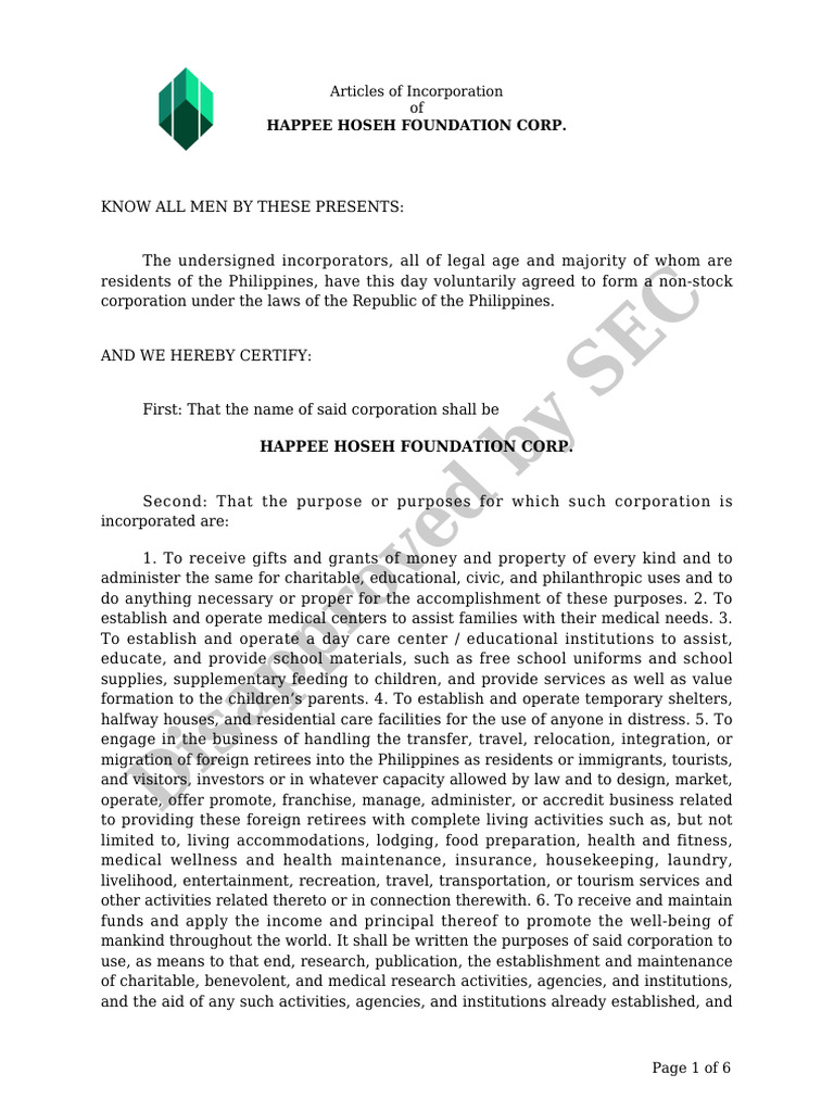 Articles of Incorporation-Non Stock Corp | PDF | Debt | Corporations