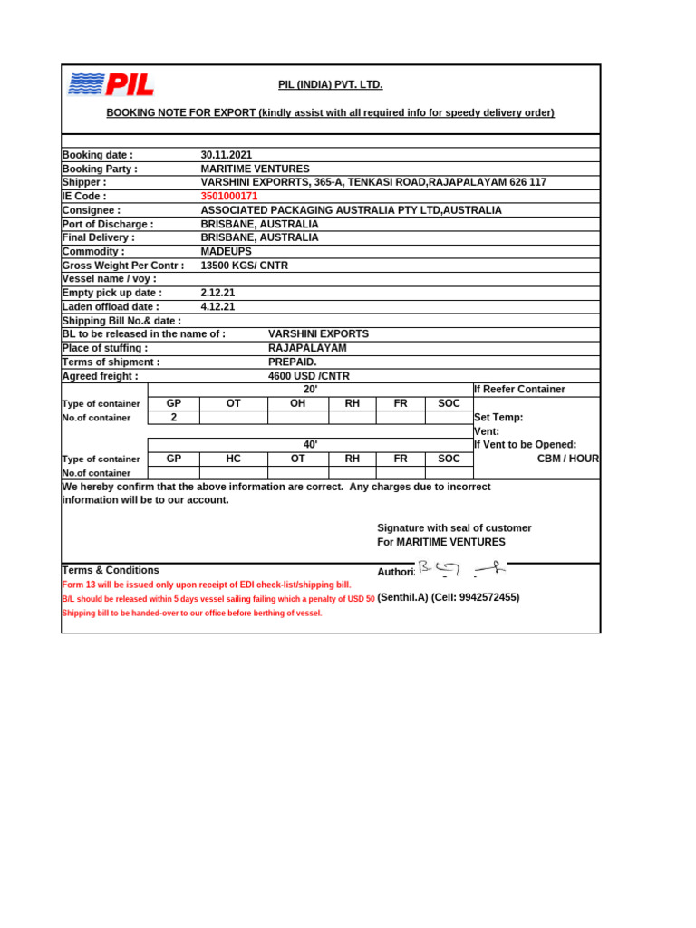 PIL Booking Note | PDF