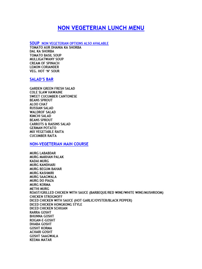 Non-Vegetarian Lunch Menu Options | PDF