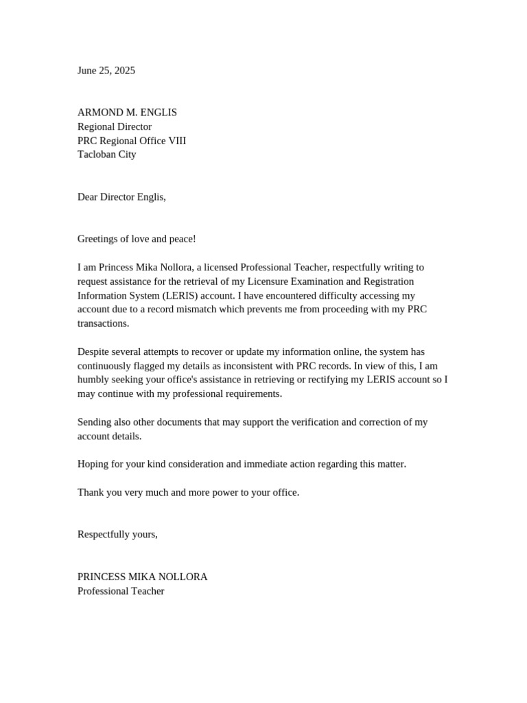 Request Letter LERIS Retrieval Nollora | PDF