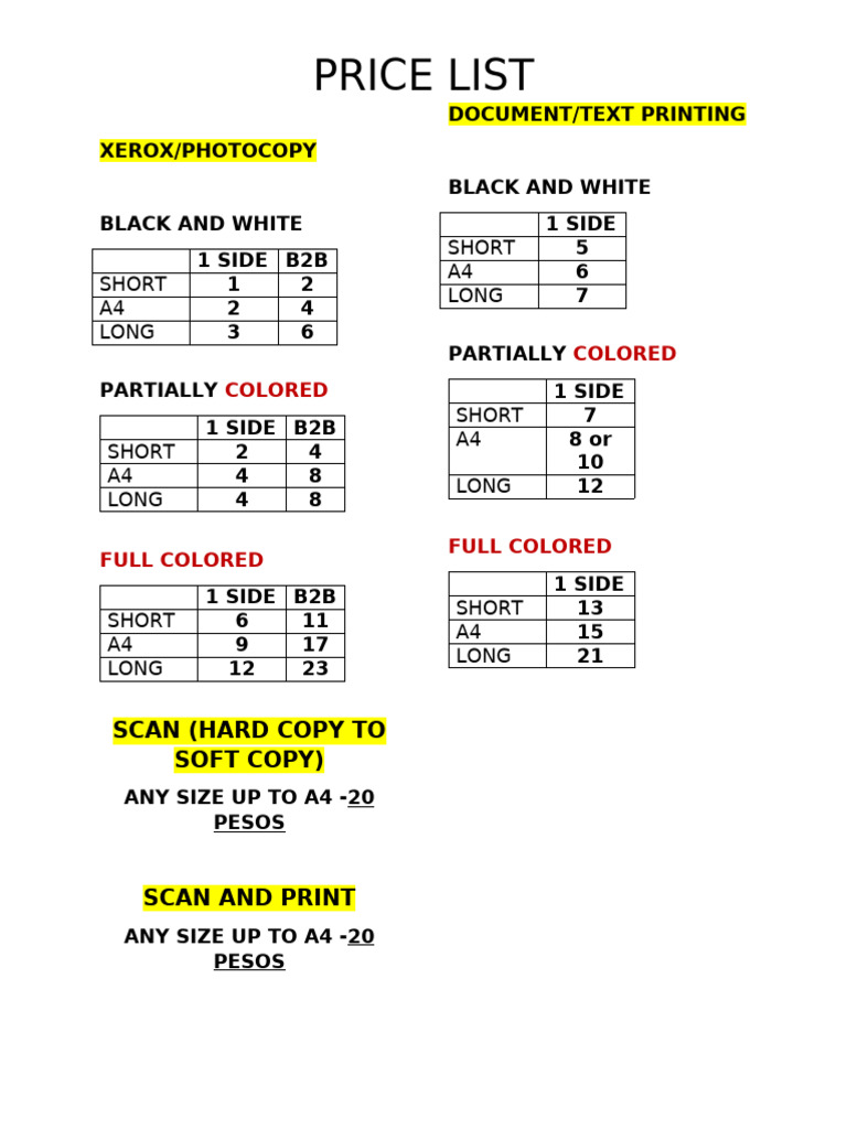 Xerox Photocopy and Printing Price List | PDF