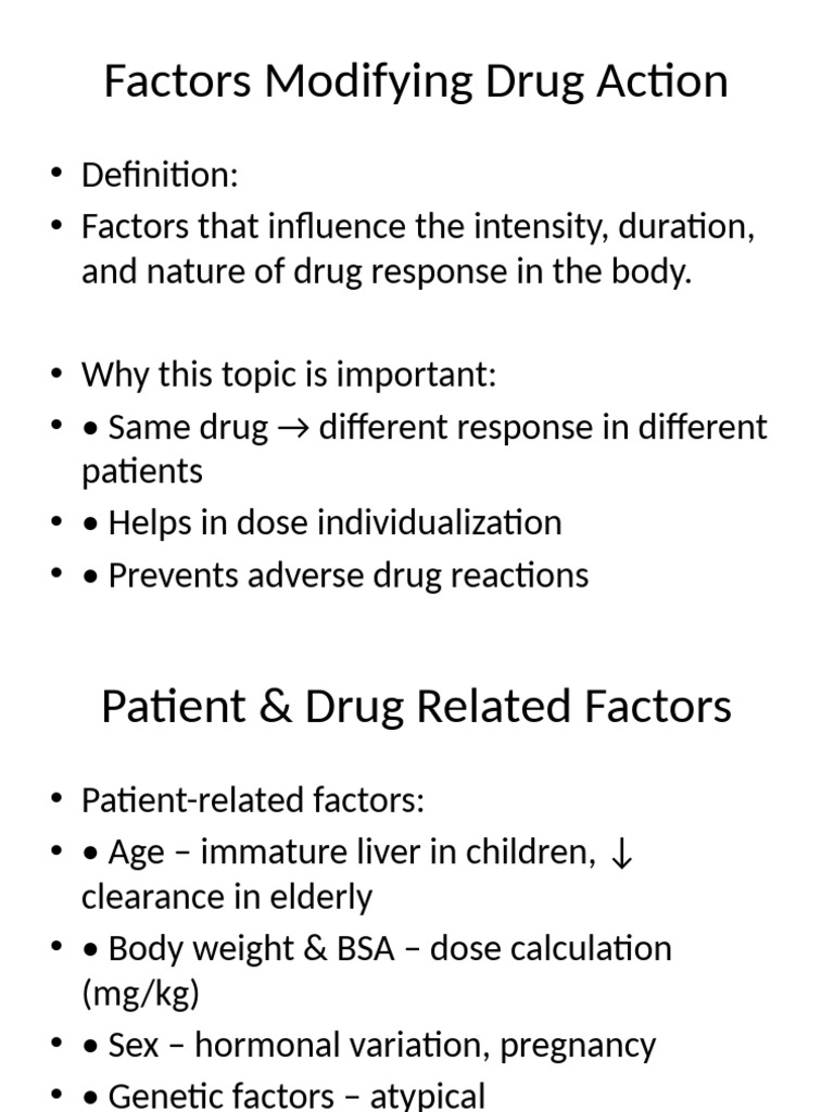 Factors Modifying Drug Action Detailed MBBS 2nd Year | PDF