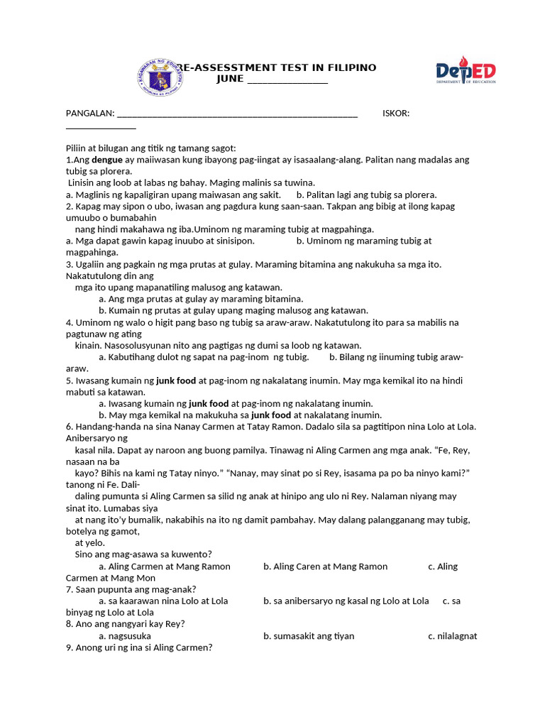 Pre Test Filipino 2 | PDF