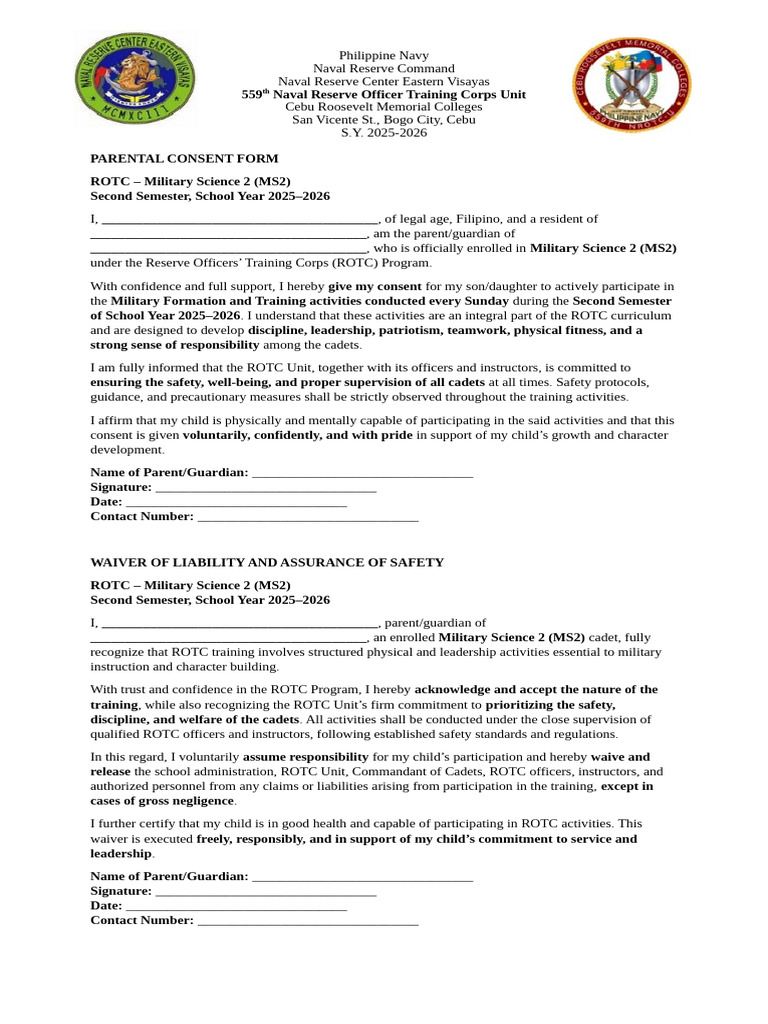 Parental Consent Form Ms2 | PDF | Reserve Officers' Training Corps