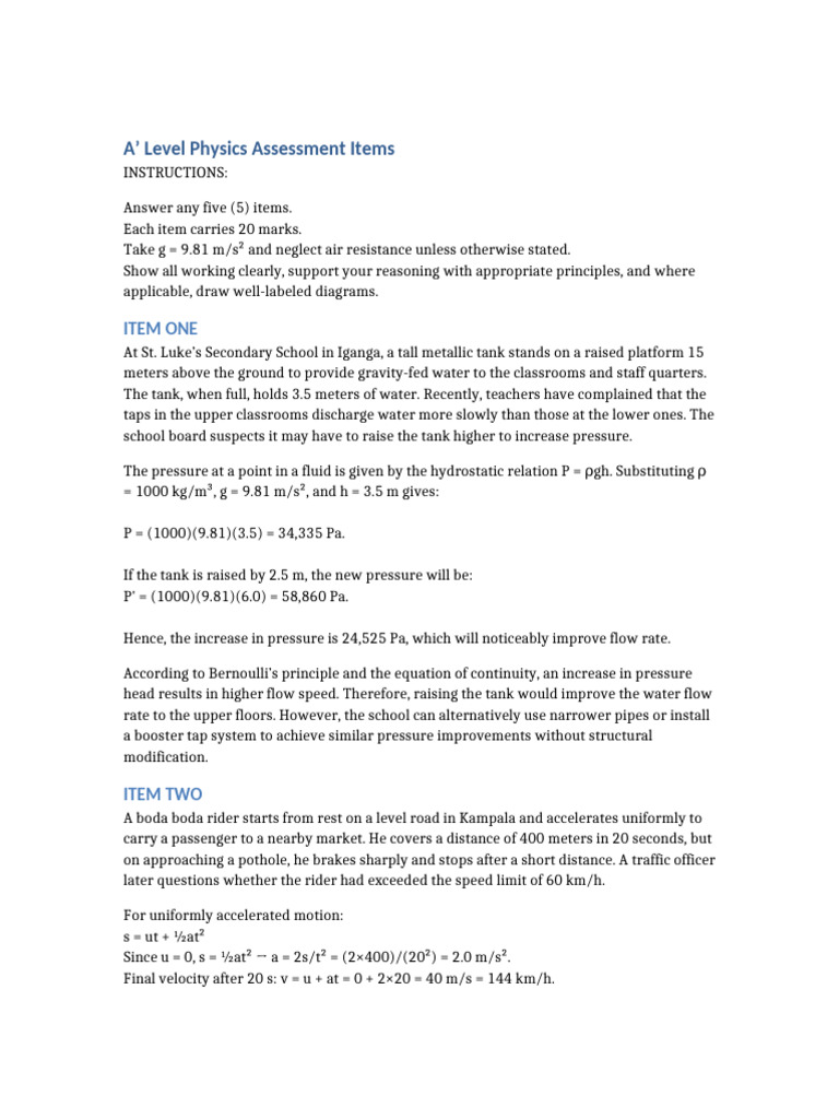 A Level Physics Assessment Items | PDF | Acceleration | Pump