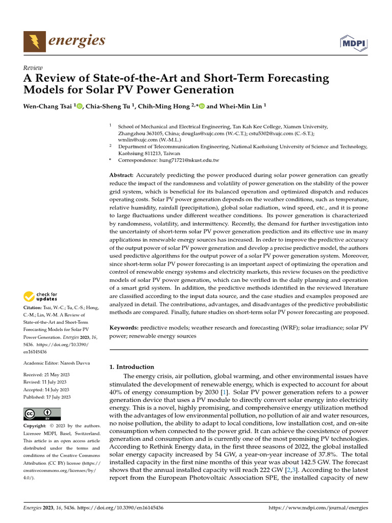 energies-16-05436-v3 | PDF | Photovoltaics | Forecasting