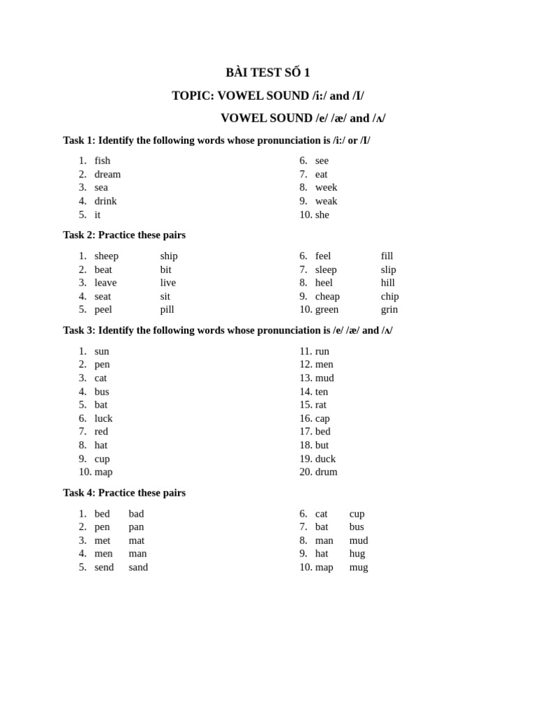 Vowel Sound Pronunciation Test | PDF