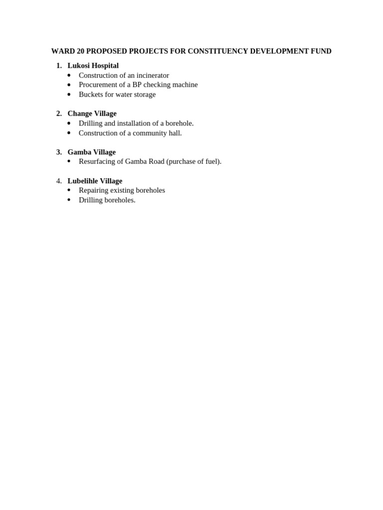 Ward 20 Proposed Projects for Constituency Development Fund | PDF