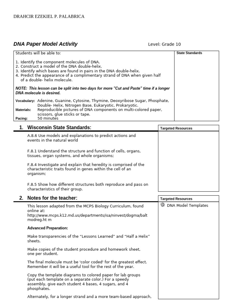 DNA Model Activity for Grade 10 Students | PDF | Dna | Nucleic Acid ...