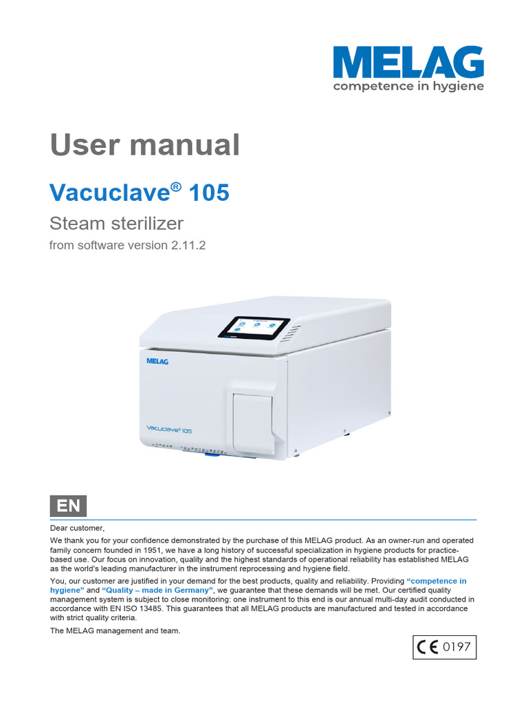 User Manual Melag 105 | PDF | Sterilization (Microbiology) | Steam