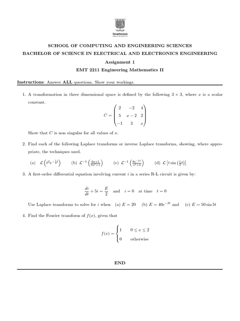 Assignment 1 EMT 2211 | PDF | Laplace Transform | Applied Mathematics
