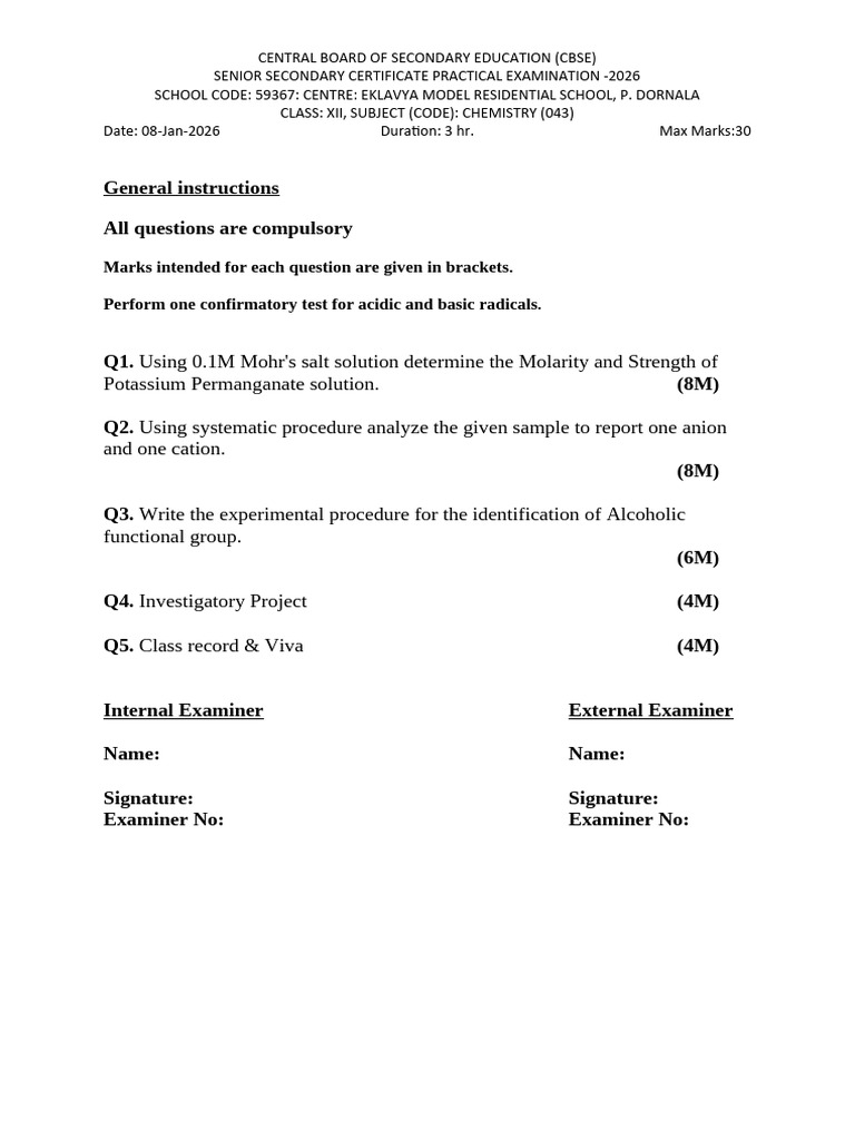 CBSE Class XII Chemistry Practical Exam 2026 | PDF