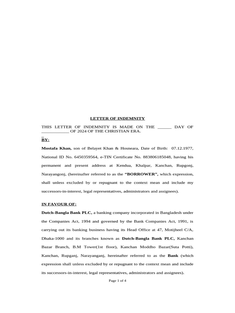1. Letter of Indemnity (1) (1) | PDF | Indemnity | Civil Law (Legal System)