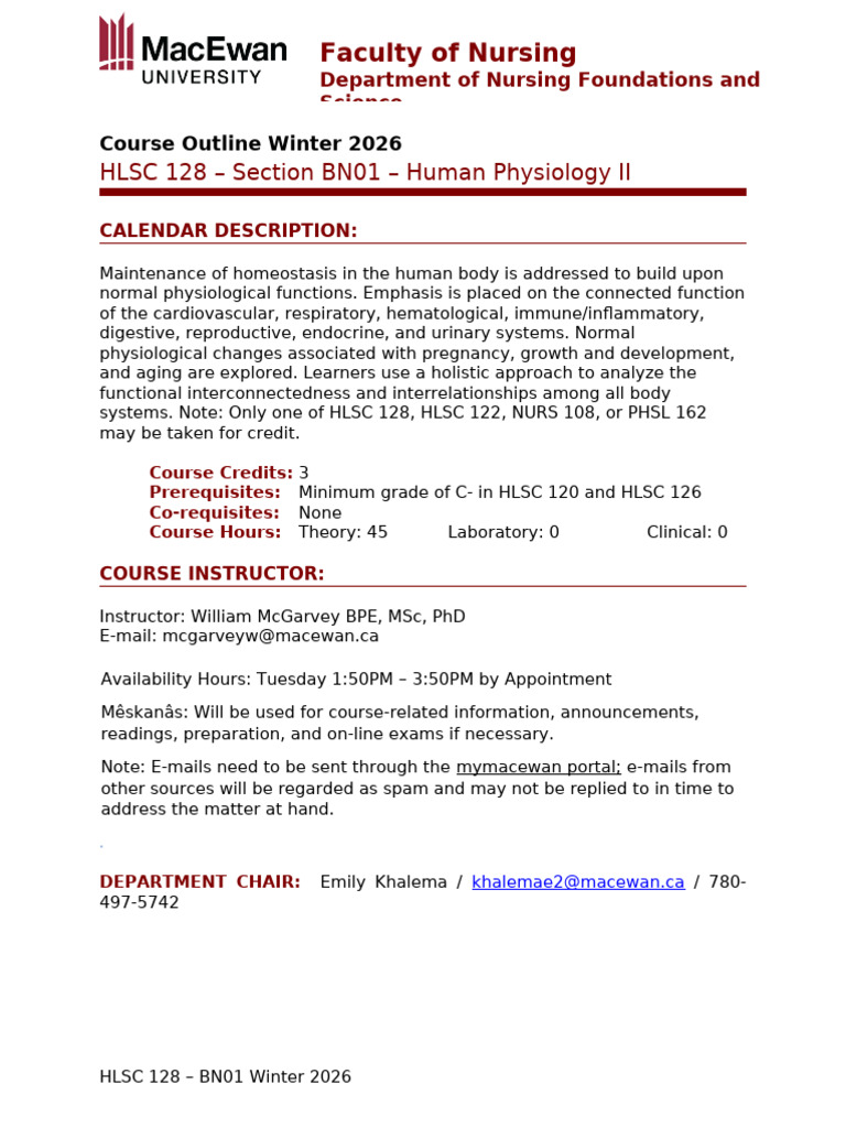 Human Physiology II Course Outline 2026 | PDF | Academic Integrity ...