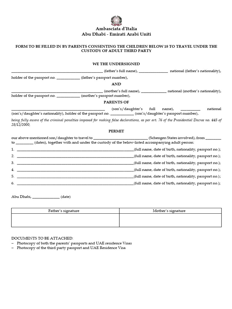 Parents Consent Form Minor Trip With Adult | PDF | Passport ...